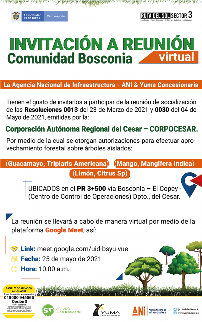 Invitación a reunión virtual comunidad Bosconia - Yuma Concesionaria S.A.